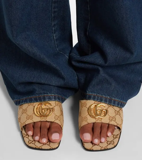 Gucci Double G Gg Canvas Slides - Beige