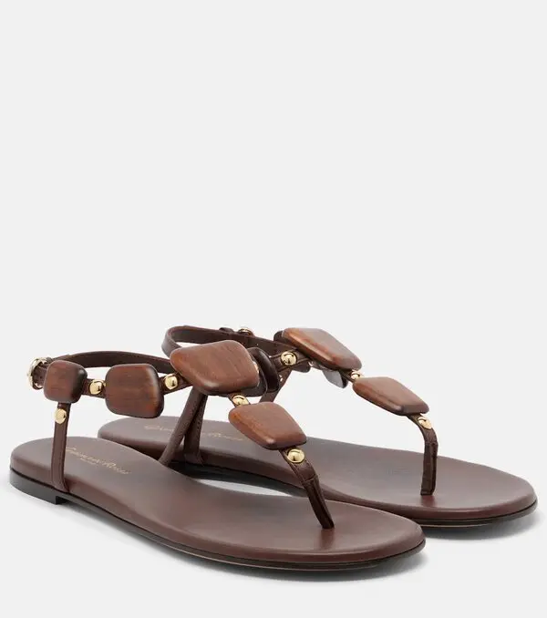 GIANVITO ROSSI Leather Thong Sandals With Wood Embellishment - Brown