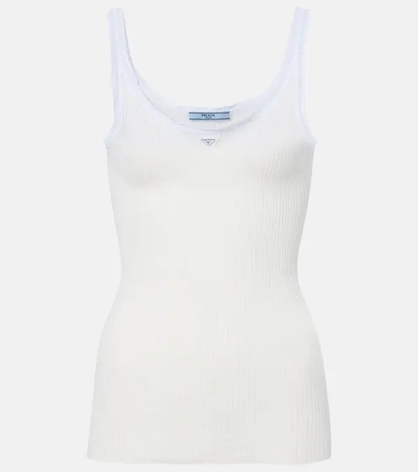 Prada Ribbed-knit Cotton Tank Top With Lace Trim - White