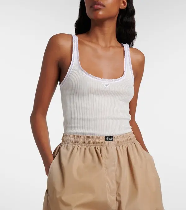 Prada Ribbed-knit Cotton Tank Top With Lace Trim - White