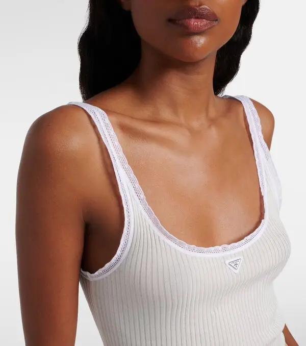 Prada Ribbed-knit Cotton Tank Top With Lace Trim - White