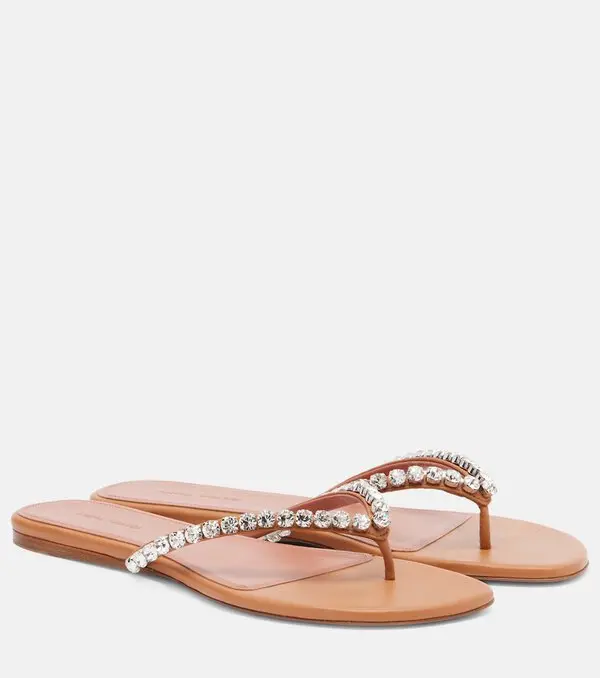 Amina Muaddi Gigi Embellished Leather Thong Sandals - Beige