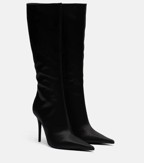 Amina Muaddi Barbara Satin Pointed Toe High Heel Knee-high Boots - Black