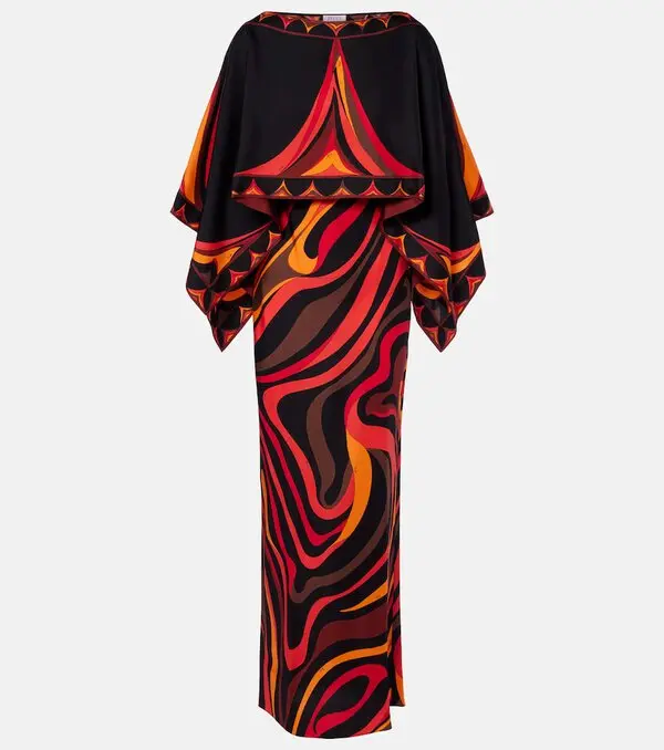 Emilio Pucci Marmo And Fari Caped Silk Twill Gown - Orange