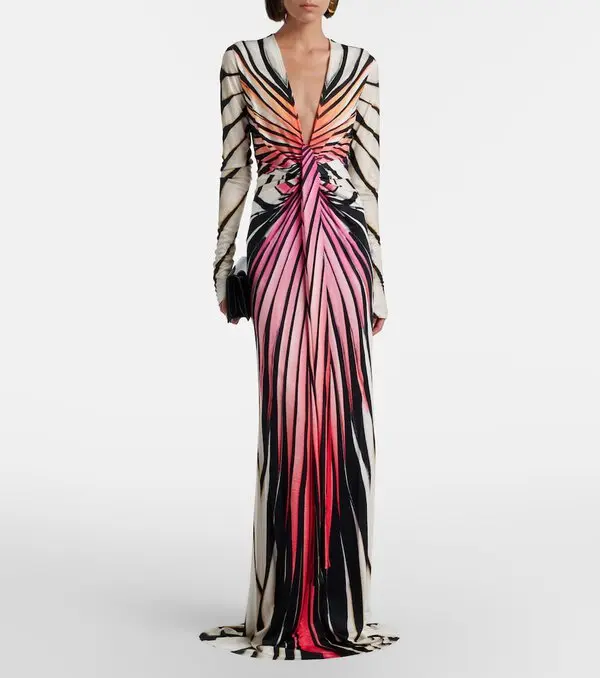 Roberto Cavalli Printed V-neck Gown