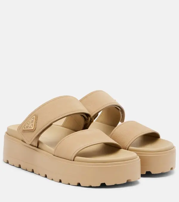 Prada Leather Platform Sandals - Beige