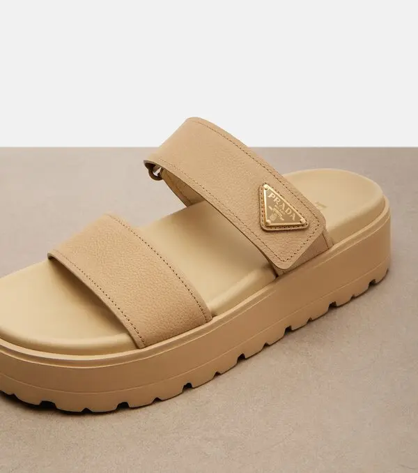 Prada Leather Platform Sandals - Beige