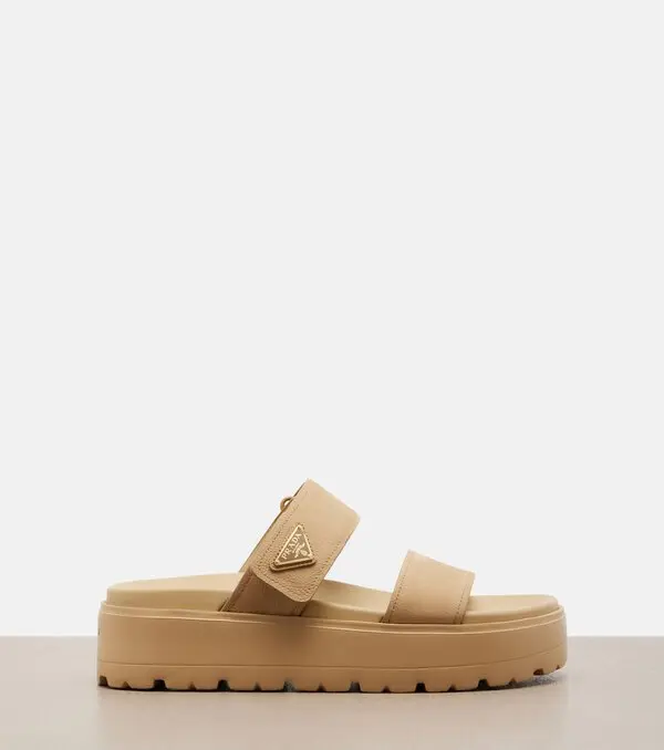 Prada Leather Platform Sandals - Beige
