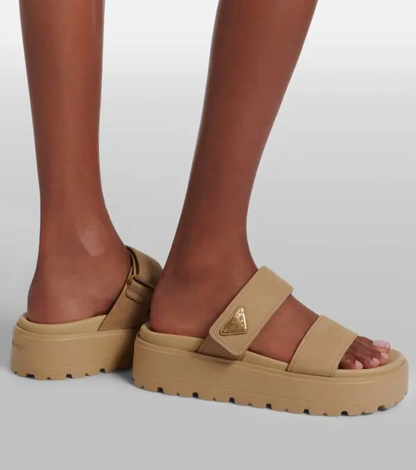 Prada Leather Platform Sandals - Beige