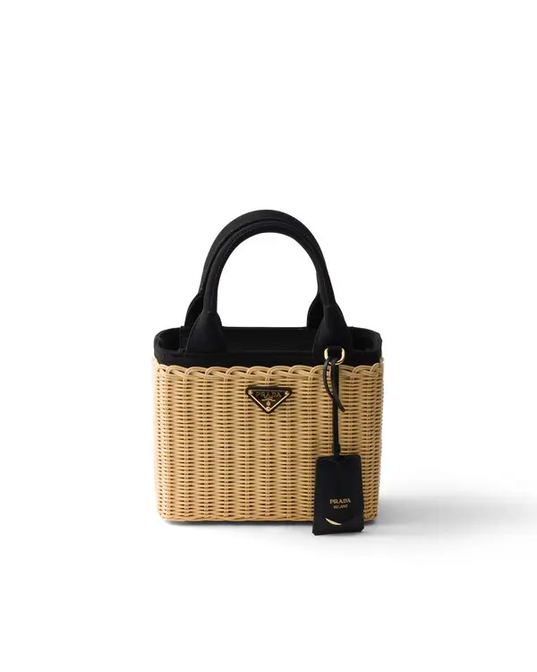 Prada Small Wicker And Canvas Tote Bag - Neutral