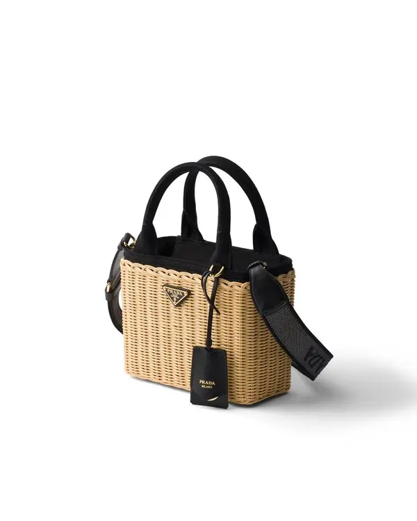 Prada Small Wicker And Canvas Tote Bag - Neutral