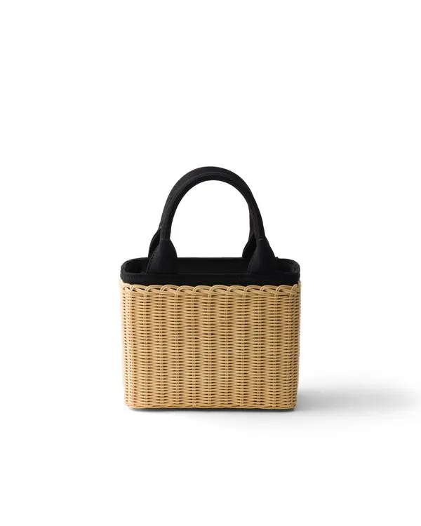 Prada Small Wicker And Canvas Tote Bag - Neutral