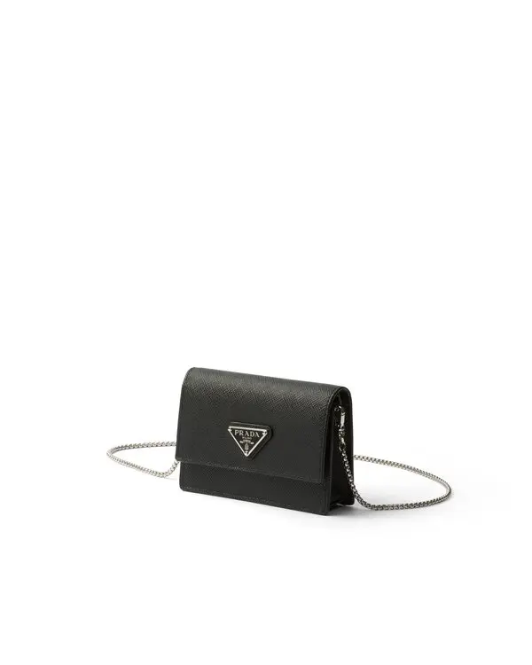 Prada Saffiano Leather Card Holder With Shoulder Strap - Black