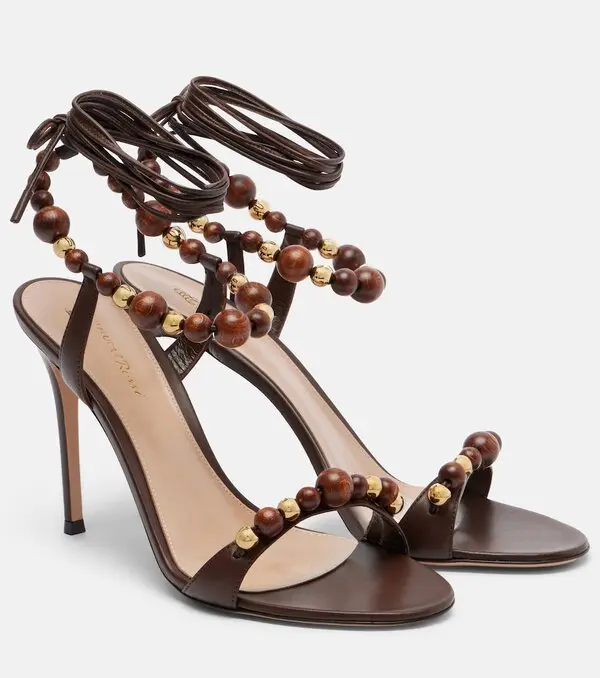 GIANVITO ROSSI Pandawa Beaded Leather Heeled Sandals - Brown
