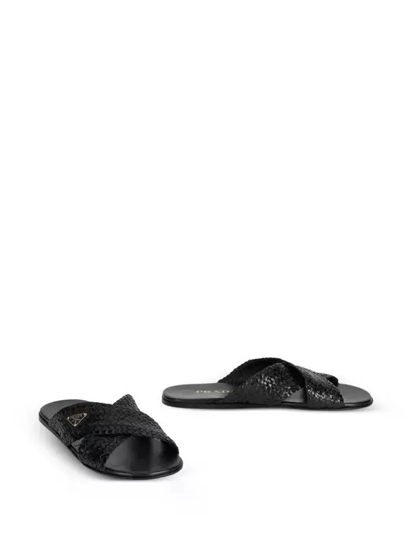 Prada Woven Leather Crisscross Slides - Black