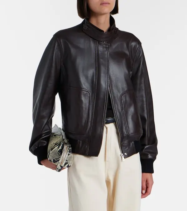 Nour Hammour Leather Bomber Jacket - Brown