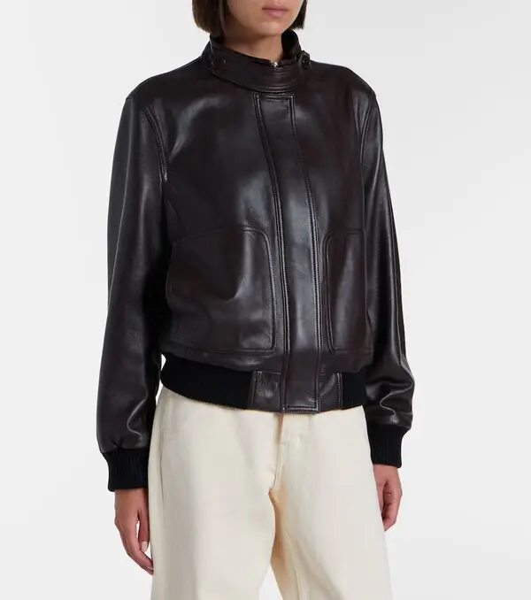 Nour Hammour Leather Bomber Jacket - Brown