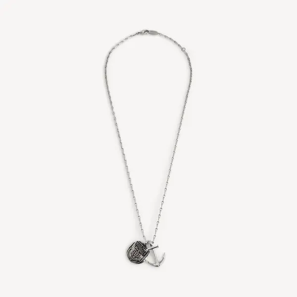 Balenciaga Anchor Crest Charms Necklace In Antique Brass - Silver