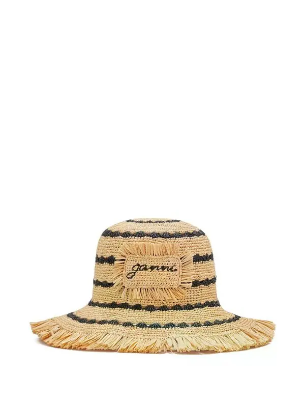 GANNI Striped Raffia Bucket Hat - Neutrals