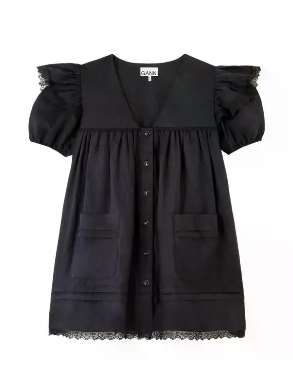 GANNI Ruffled Lace-trim Dress - Black