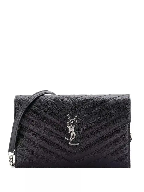 Saint Laurent Classic Monogram Wallet On Chain Matelasse Chevron Leather Small Crossbody Bag - Black