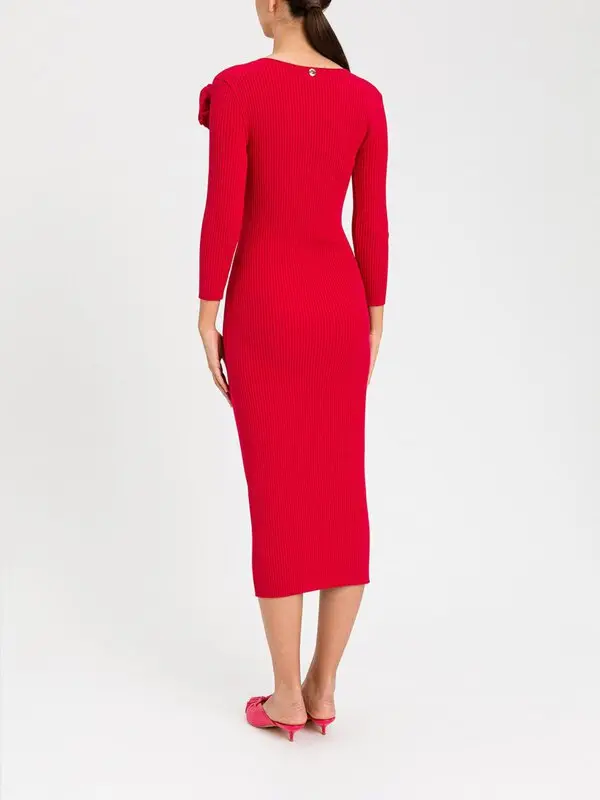 TWINSET Ribbed Jersey Midi Dress With Floral Appliqu - Fuchsia