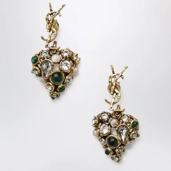 Saint Laurent Cassandre Heart Earrings With Crystals In Gold-tone Brass - Metal