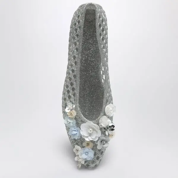 HEAVENLY JELLY Silver Pvc Ballet Flats With Beaded Floral Embellishments