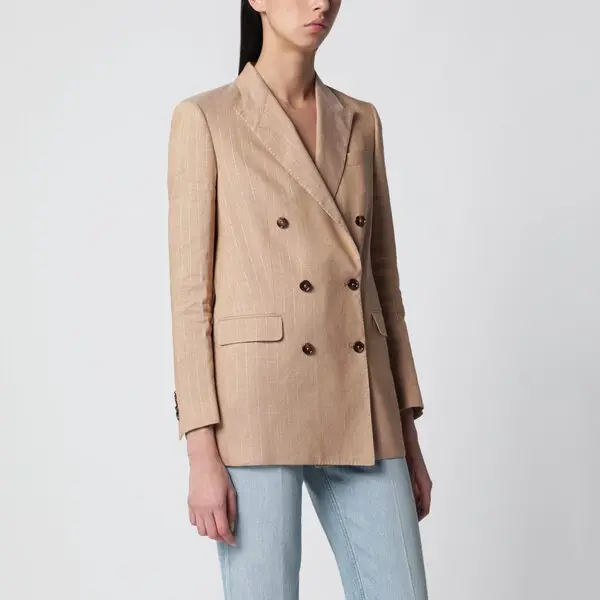 Tagliatore Double-breasted Pinstripe Linen-blend Blazer - Beige