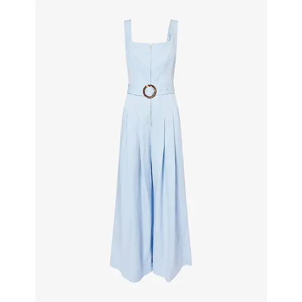 ME+EM Belted Wide-leg Cotton And Linen Blend Jumpsuit - Sky Blue