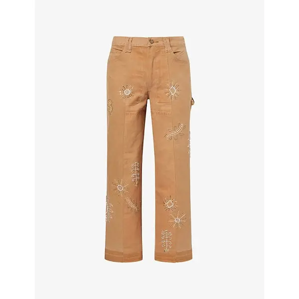 KARTIK RESEARCH Zardozi Bead-embroidered Denim Work Trousers - Beige
