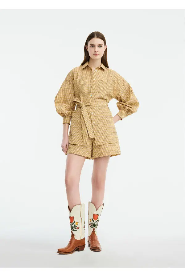 Lela Rose Checked Seersucker Button Down Shirt - Neutral