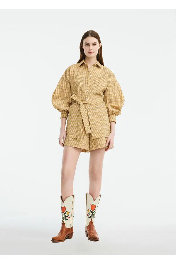 Lela Rose Checked Seersucker Button Down Shirt