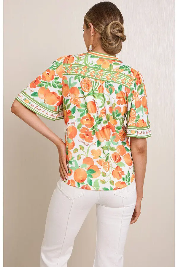 Hale Bob Jersey Floral Print Top With Bell Sleeves - Orange