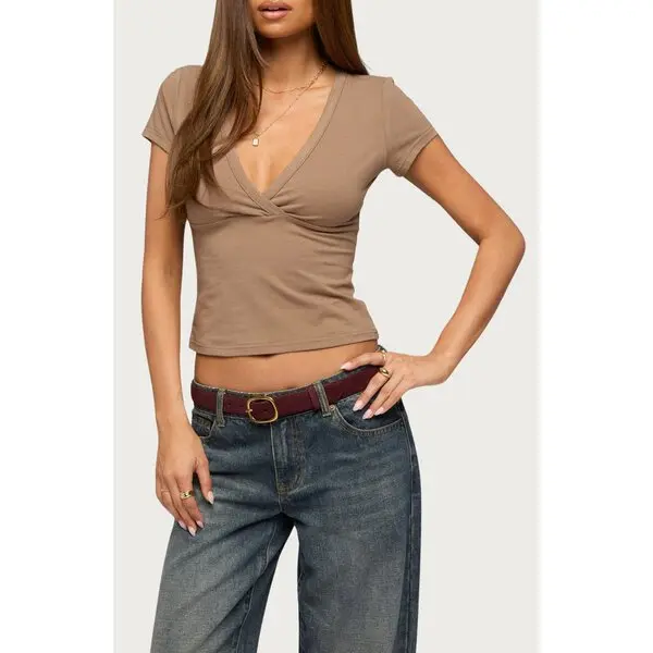 EDIKTED Merinda V-neck Stretch Cotton T-shirt - Brown