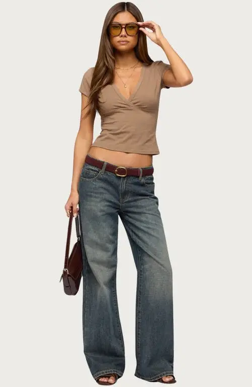 EDIKTED Merinda V-neck Stretch Cotton T-shirt - Brown