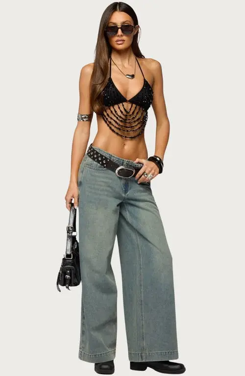 EDIKTED Beaded Halter Neck Bra Top