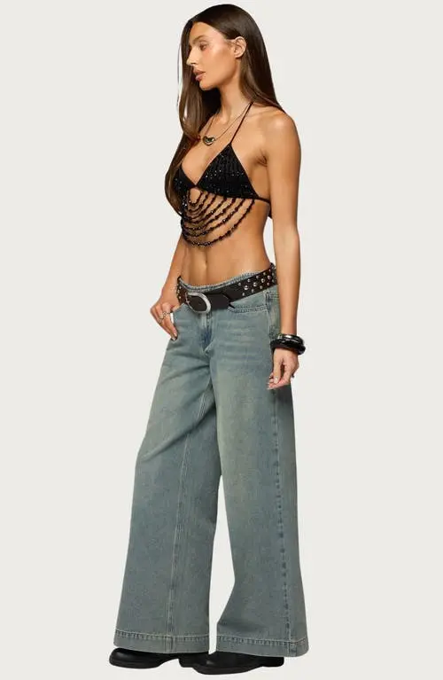 EDIKTED Beaded Halter Neck Bra Top