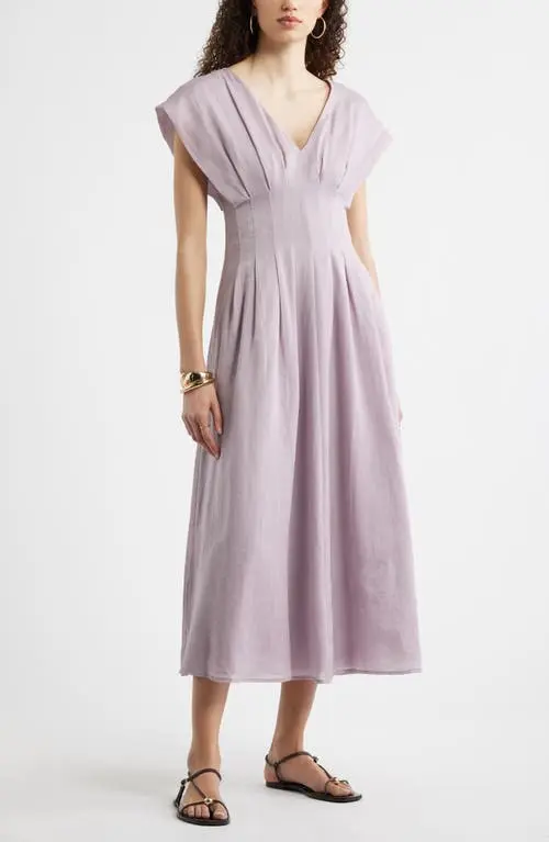 Nordstrom Pleated Waist V-neck Midi Dress - Purple Fog
