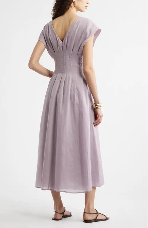 Nordstrom Pleated Waist V-neck Midi Dress - Purple Fog