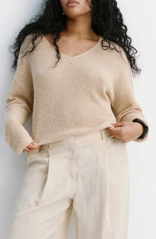 Mango V-neck Shaker-stitch Sweater With Dropped Shoulders - Sand