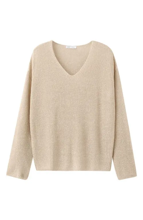 Mango V-neck Shaker-stitch Sweater With Dropped Shoulders - Sand