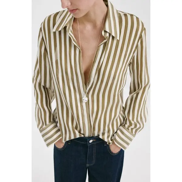 Mango Striped Semisheer Woven Shirt - Khaki