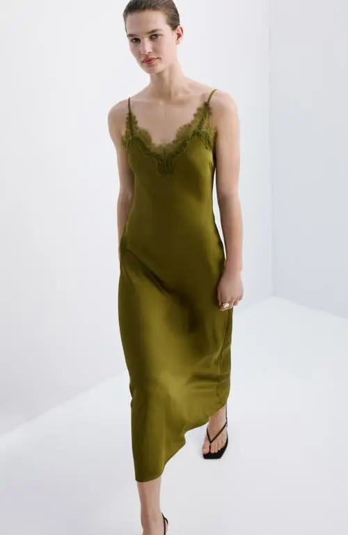 Mango Lace Trimmed Satin Midi Slipdress - Green
