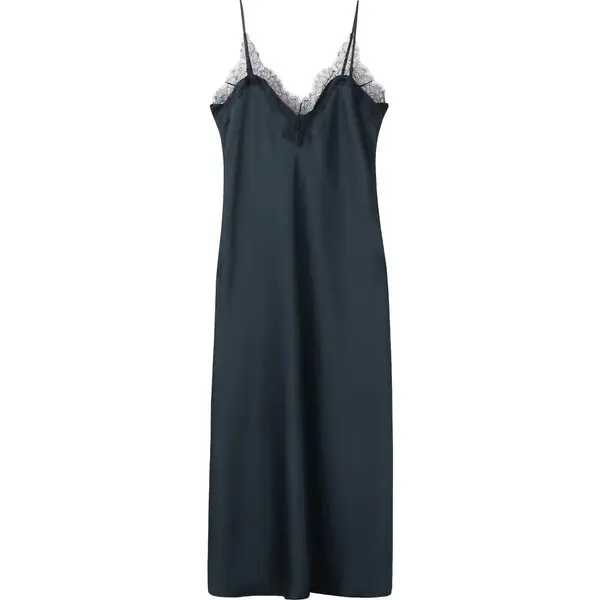 Mango Lace Trimmed Satin Midi Slipdress - Navy