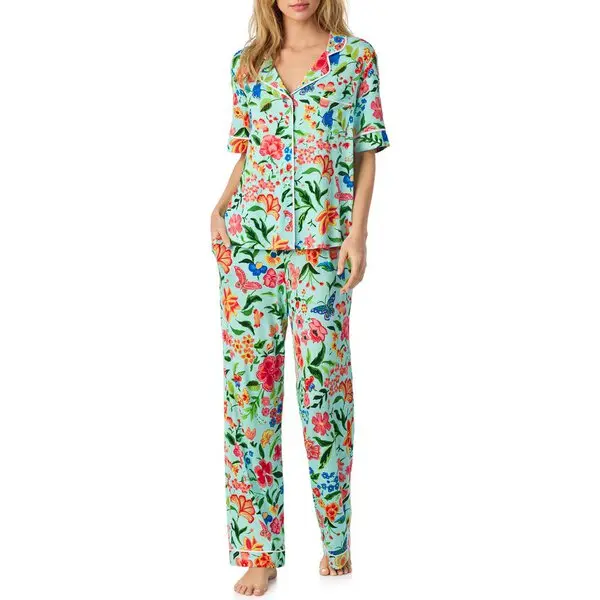 ROOM SERVICE Print Long Pajamas - Teal/print