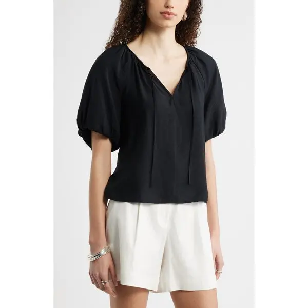 Nordstrom Puff Sleeve V-neck Popover Blouse - Black