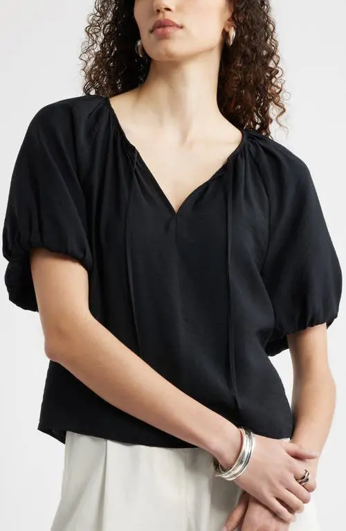 Nordstrom Puff Sleeve V-neck Popover Blouse - Black