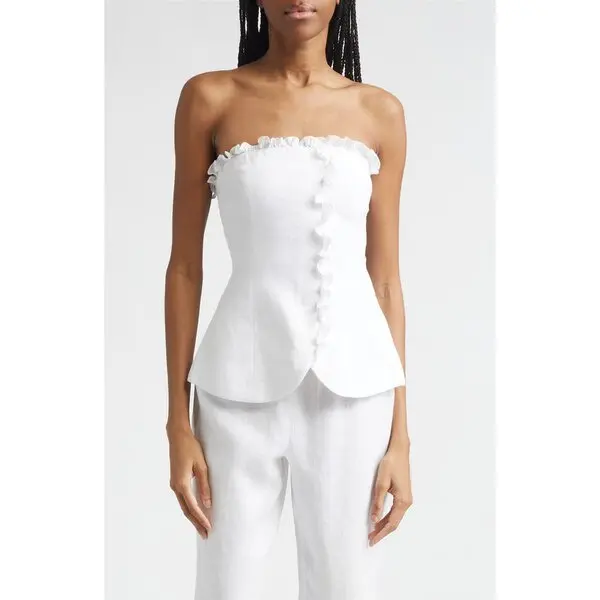 Posse Florence Strapless Ruffle Trim Linen Peplum Top - Ivory