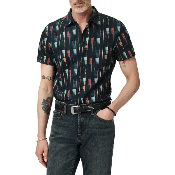 John Varvatos Sean Stripe Cotton Short Sleeve Button-up Shirt - Navy